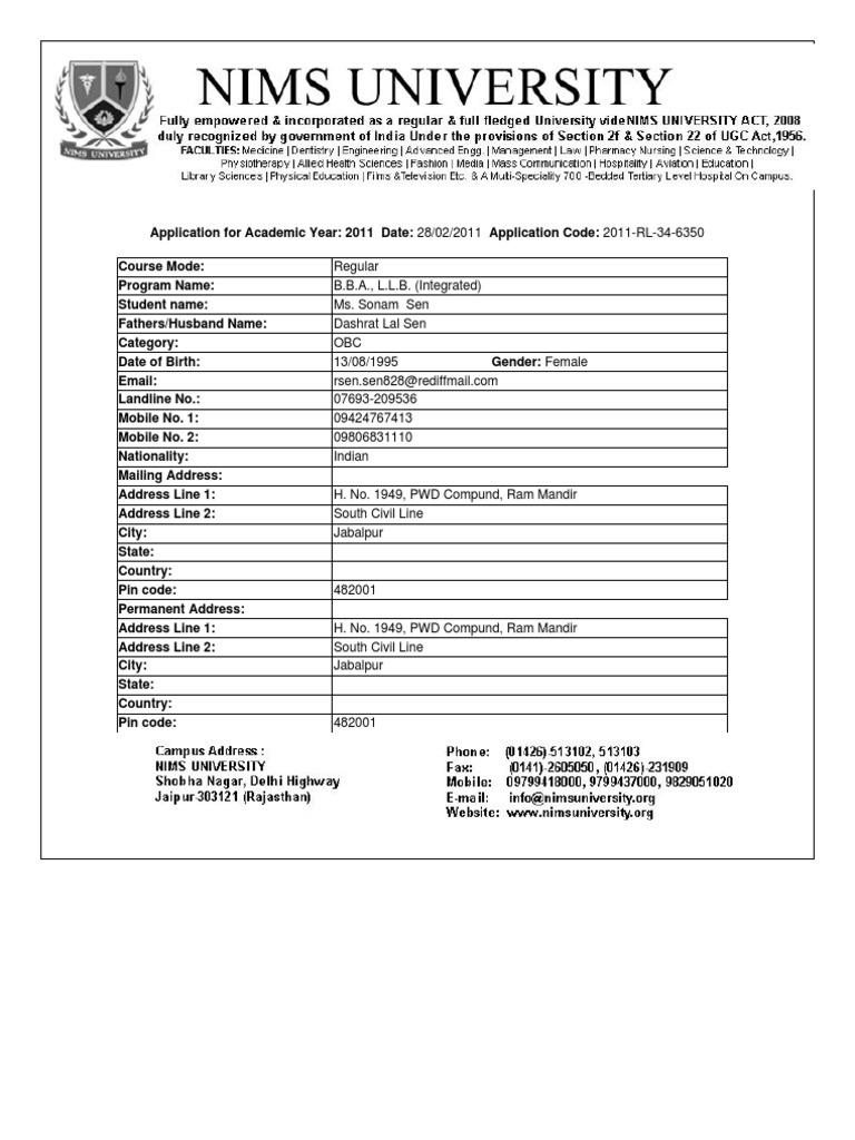 B.B.A., L.L.B. Application - Sonam Sen | PDF