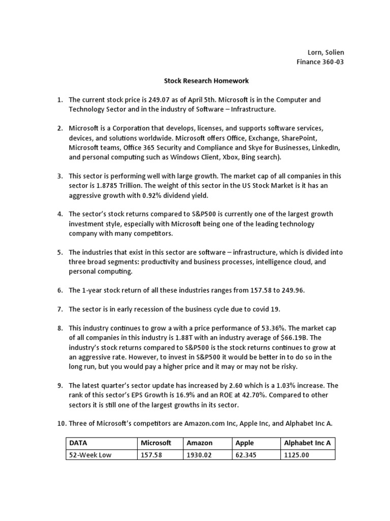 Stock Research Homework | PDF | Stocks | Microsoft