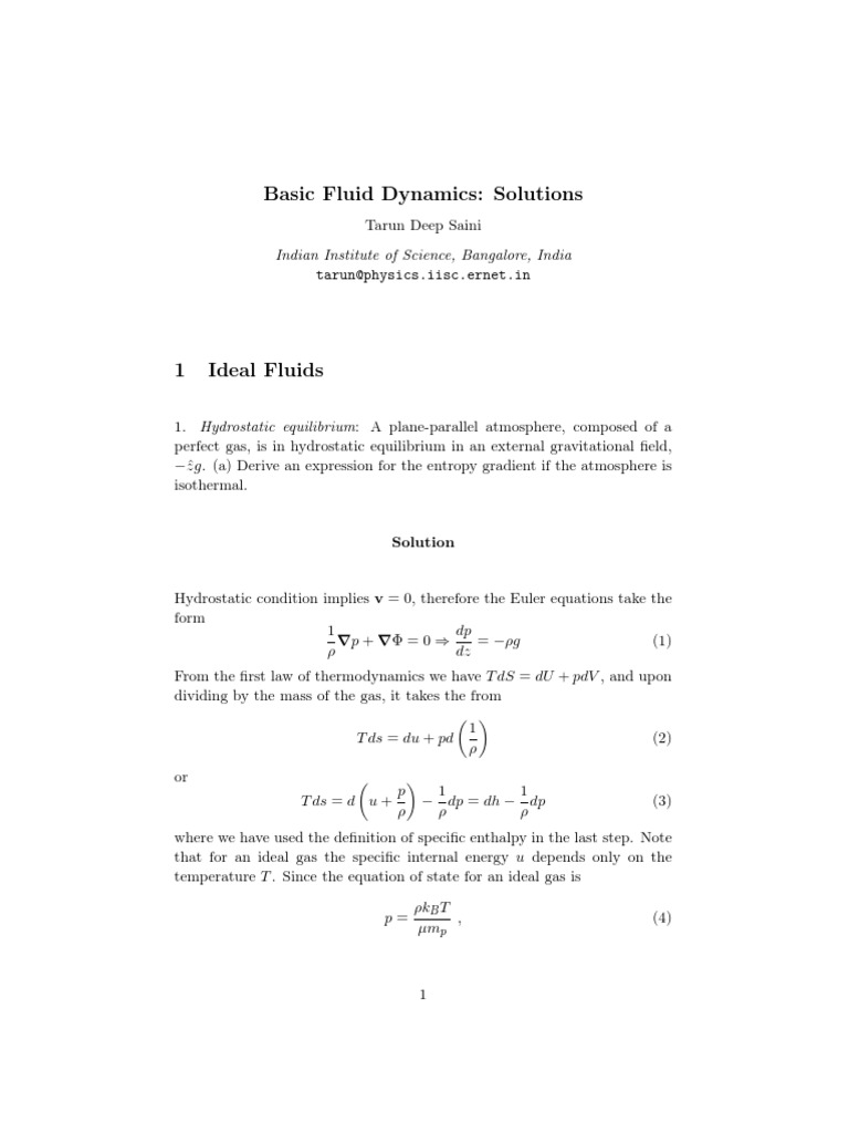 Basic Fluid Dynamics: Solutions | PDF | Fluid Dynamics | Viscosity
