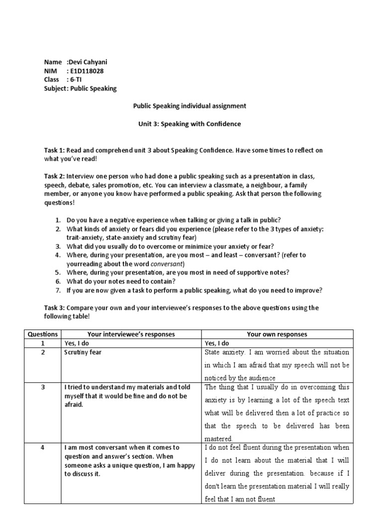 Public Speaking Task 1 | PDF | Human Communication | Psychology