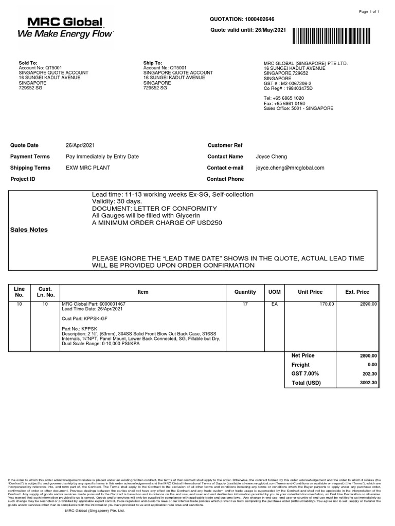 MRC Global Singapore Quotation 1000402646 | PDF | Customs | Business Law
