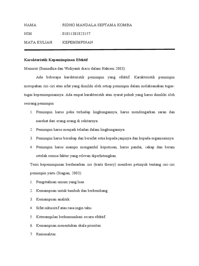 Ridho Mandala Septama Komba - 01011381823157 - Tugas 4 - Kepemimpinan ...
