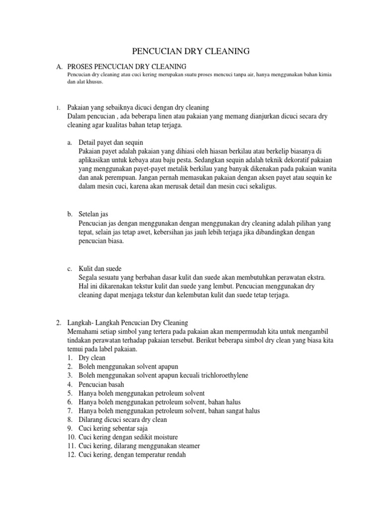 Pencucian Dry Cleaning Materi Kelas Xi Akomodasi Perhotelan | PDF