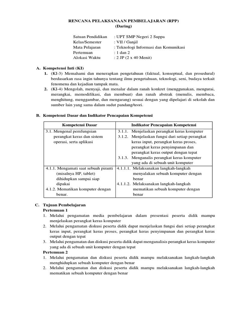 RPP TIK Kelas VII SMP Suppa | PDF