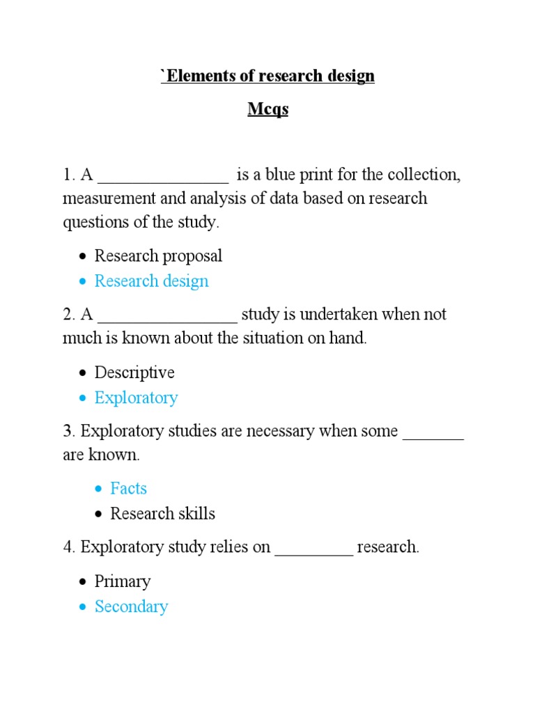 'Elements of Research Design Mcqs | PDF | Research Design | Experiment