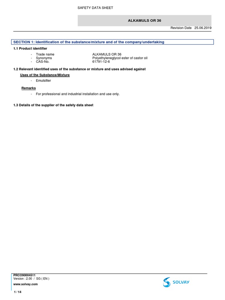 Alkamuls OR36 SDS | PDF | Toxicity | Combustion