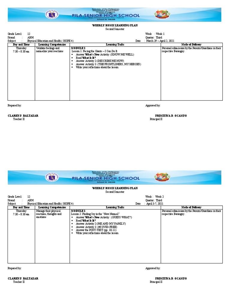 WHLP PE 3rdquarter Week 1 and 2 | PDF | Human Nature | Behavior Modification