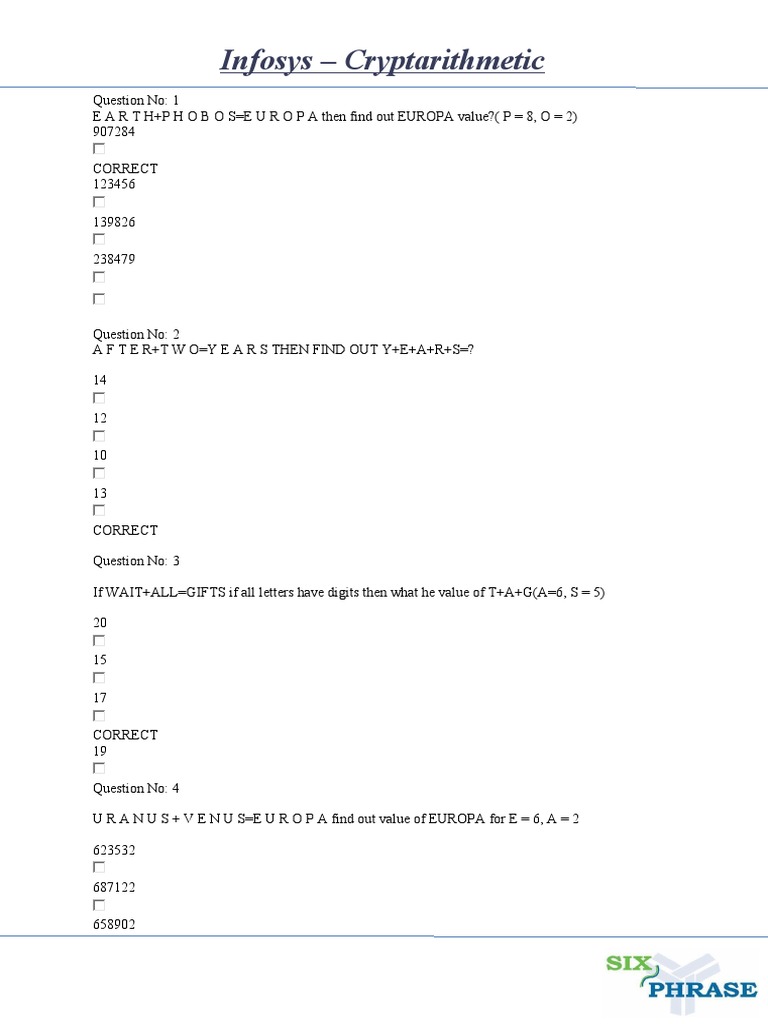 Infosys - Cryptarithmetic | PDF
