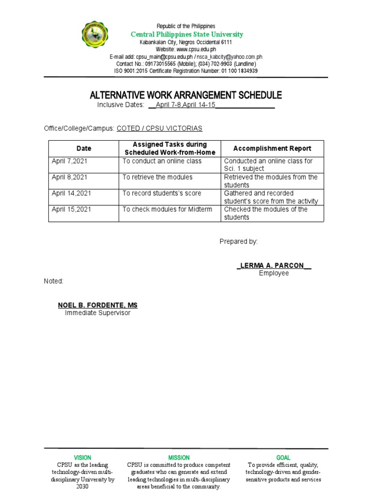 Alternative Work Arrangement Schedule: Central Philippines State ...