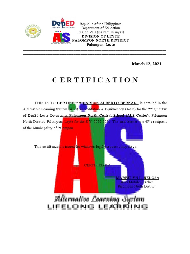 ALS Certification for Carlos Alberto Bernal | PDF
