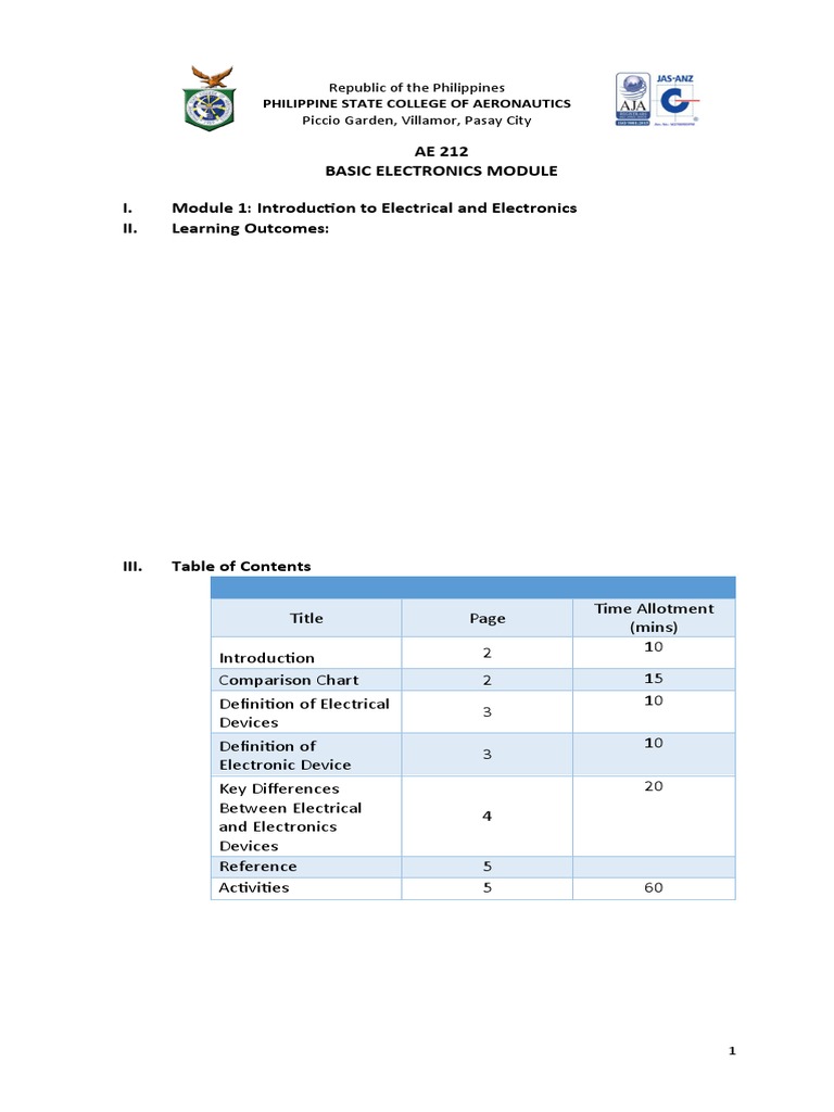 AE 212 Basic Electronics Module I. Module 1: Introduction To Electrical ...