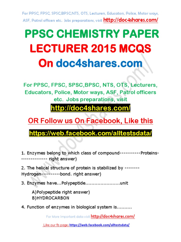 PPSC Chemistry Paper Lecturer 2015 Mcqs | PDF | Chemical Reactions | Atoms