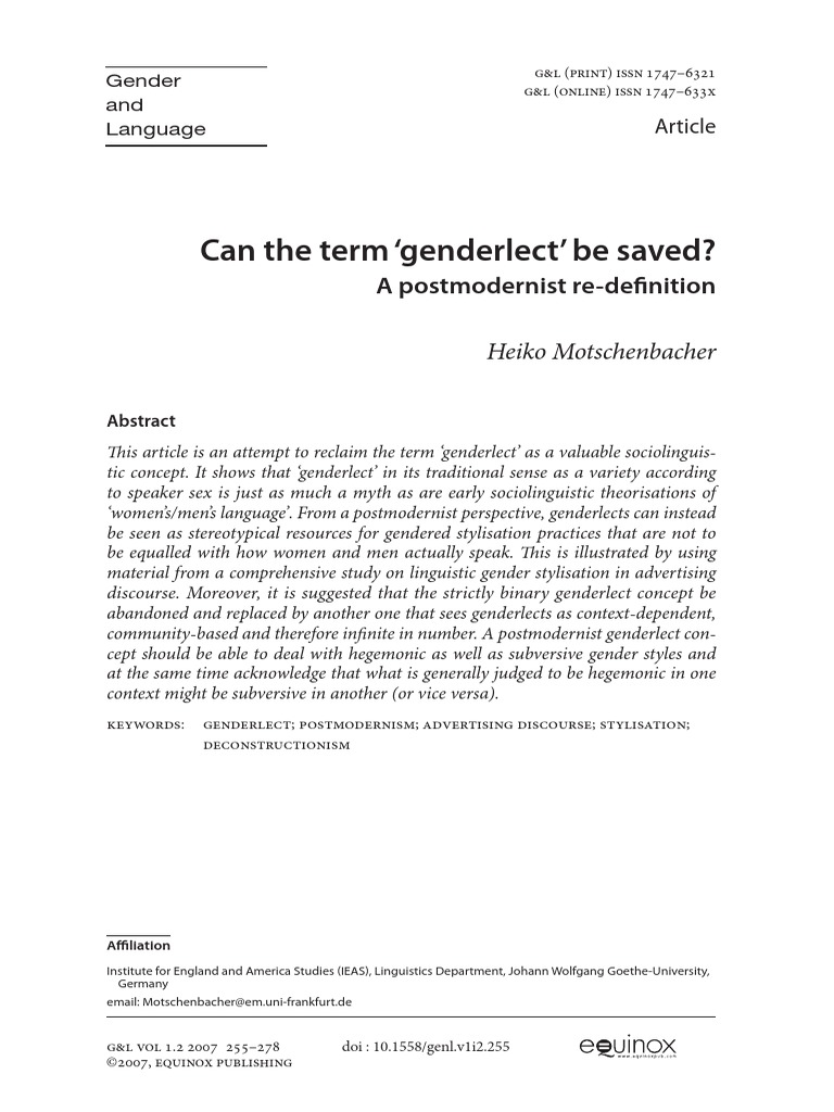 Heiko Motschenbacher Can The Term Genderlect' Be Saved? A Postmodernist ...
