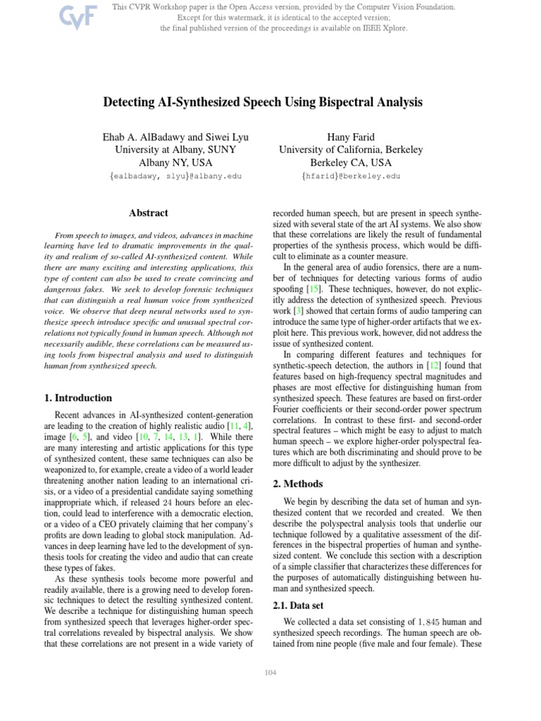 Detecting AI-Synthesized Speech Using Bispectral Analysis | PDF ... Detecting AI-Synthesized Speech Using Bispectral Analysis | PDF ...