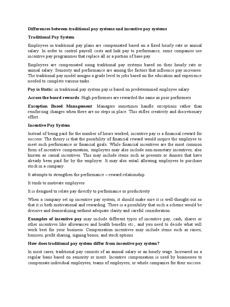 Differences Between Traditional Pay Systems and Incentive Pay Systems ...