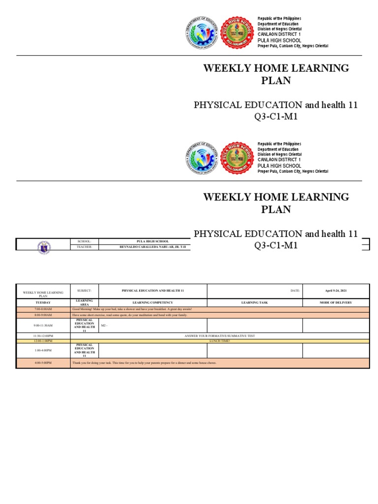 Weekly Home Learning Plan: PHYSICAL EDUCATION and Health 11 Q3-C1-M1 ...