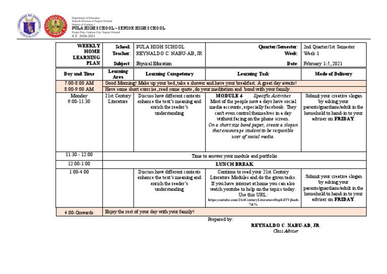 Weekly Work Learning Plan | PDF | Academic Term | Pedagogy
