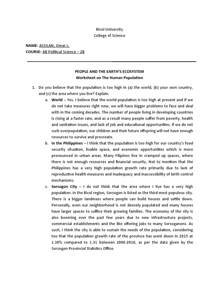 People and The Earth's Ecosystem - Worksheet On The Human Population ...