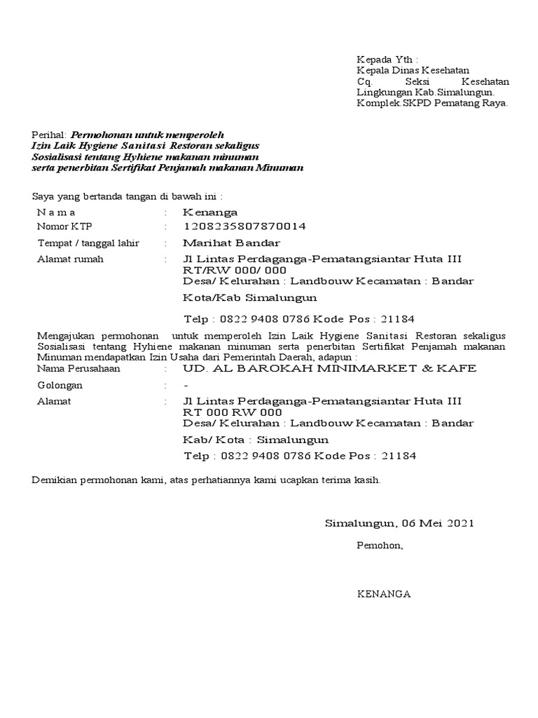 Form Permohonan Laik Hygiene Jasaboga | PDF