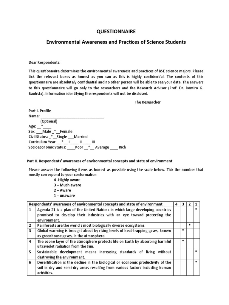 Questionnaire Environmental Awareness and Practices of Science Students ...