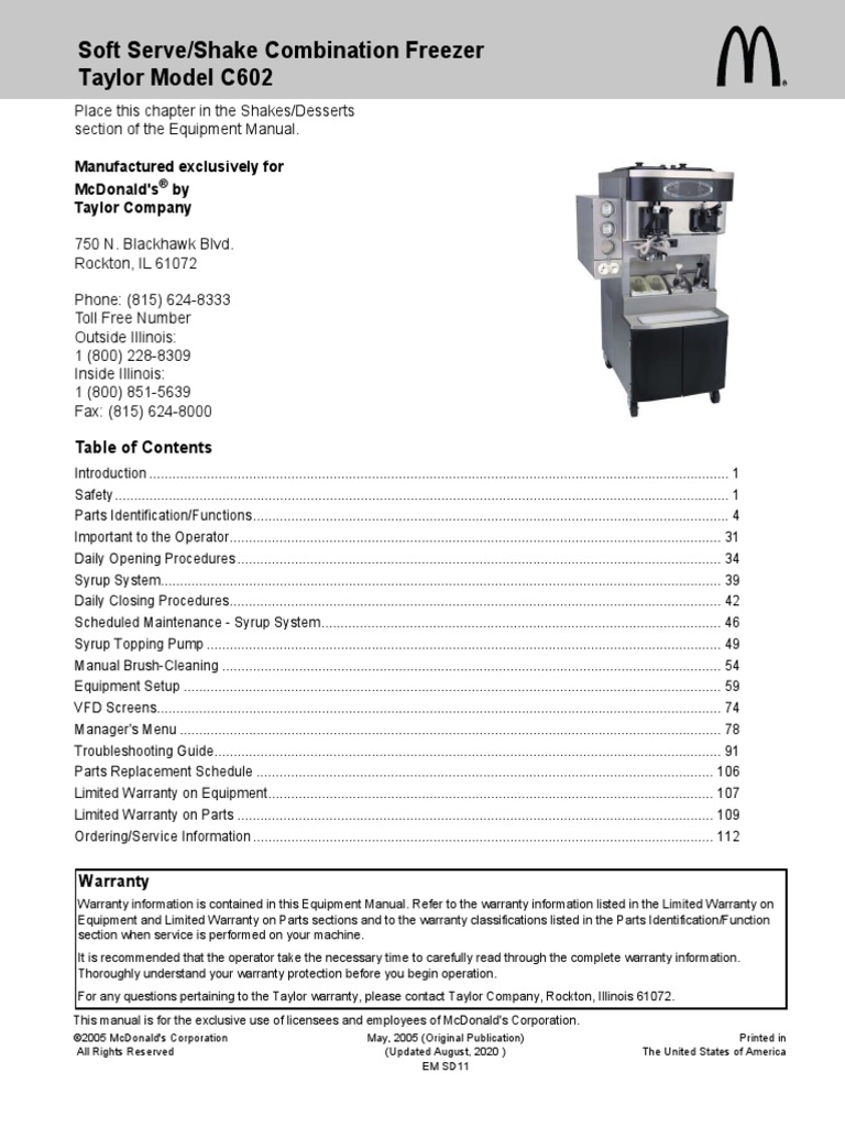 Soft Serve/Shake Combination Freezer Taylor Model C602: Manufactured ...