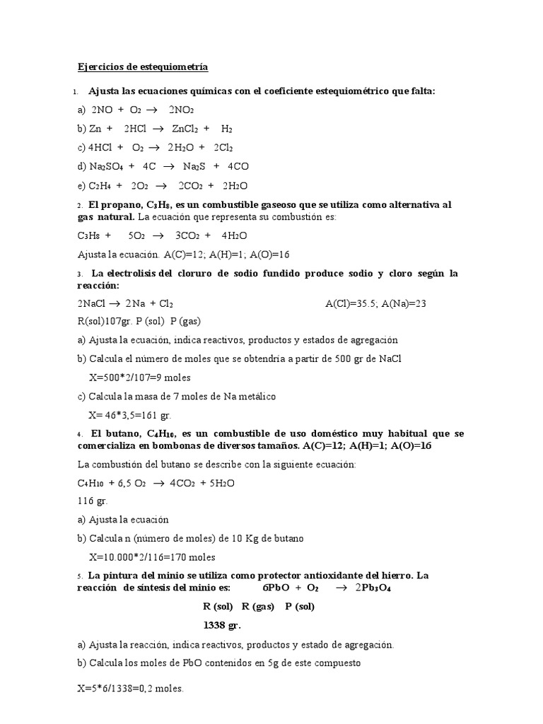 Ejercicios de estequiometría: ajuste de ecuaciones químicas y cálculos estequiométricos | PDF ...