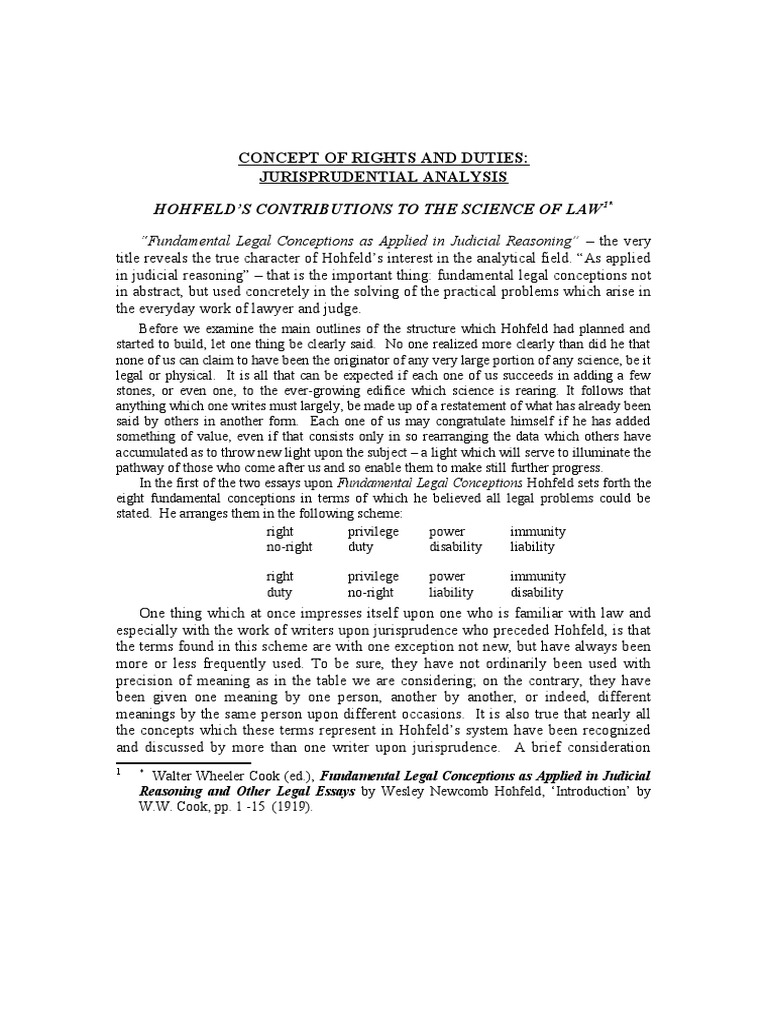 Hohfeld'S Contributions To The Science of Law: Concept of Rights and ...