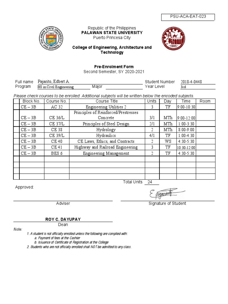 PSU-ACA-023 Pre-Enrollment Form | PDF | Engineering | Science And ...