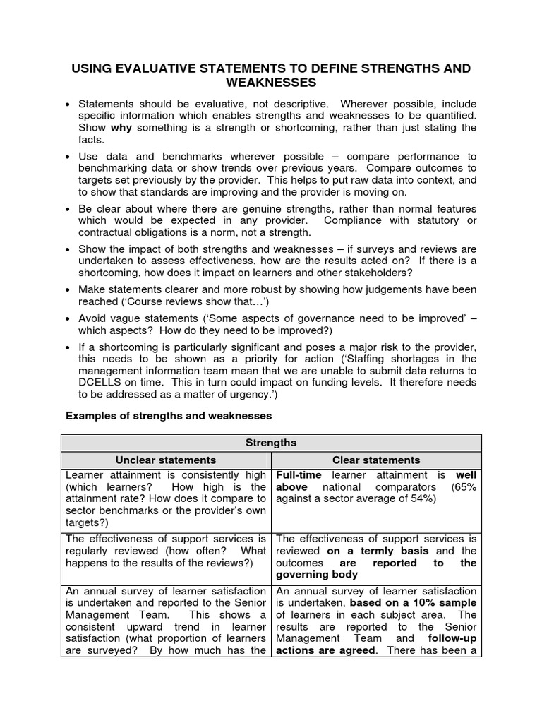 Using Evaluative Statements To Define Strengths and Weaknesses | PDF ...