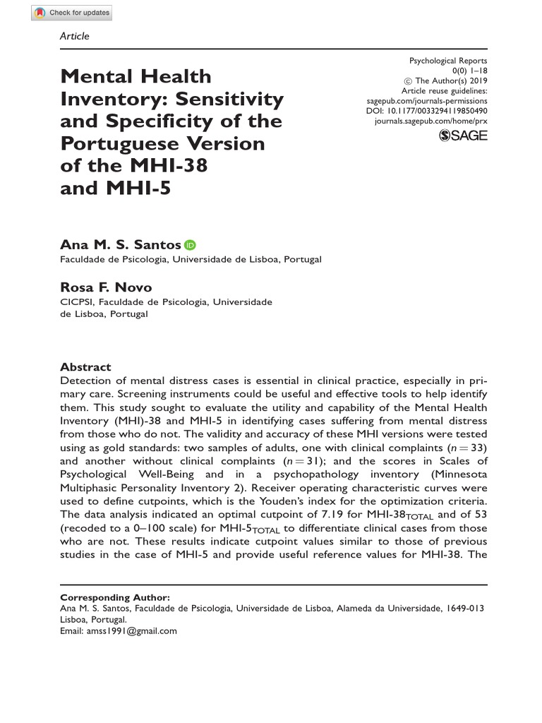Mental Health Inventory: Sensitivity and Specificity of The Portuguese Version of The MHI-38 and ...