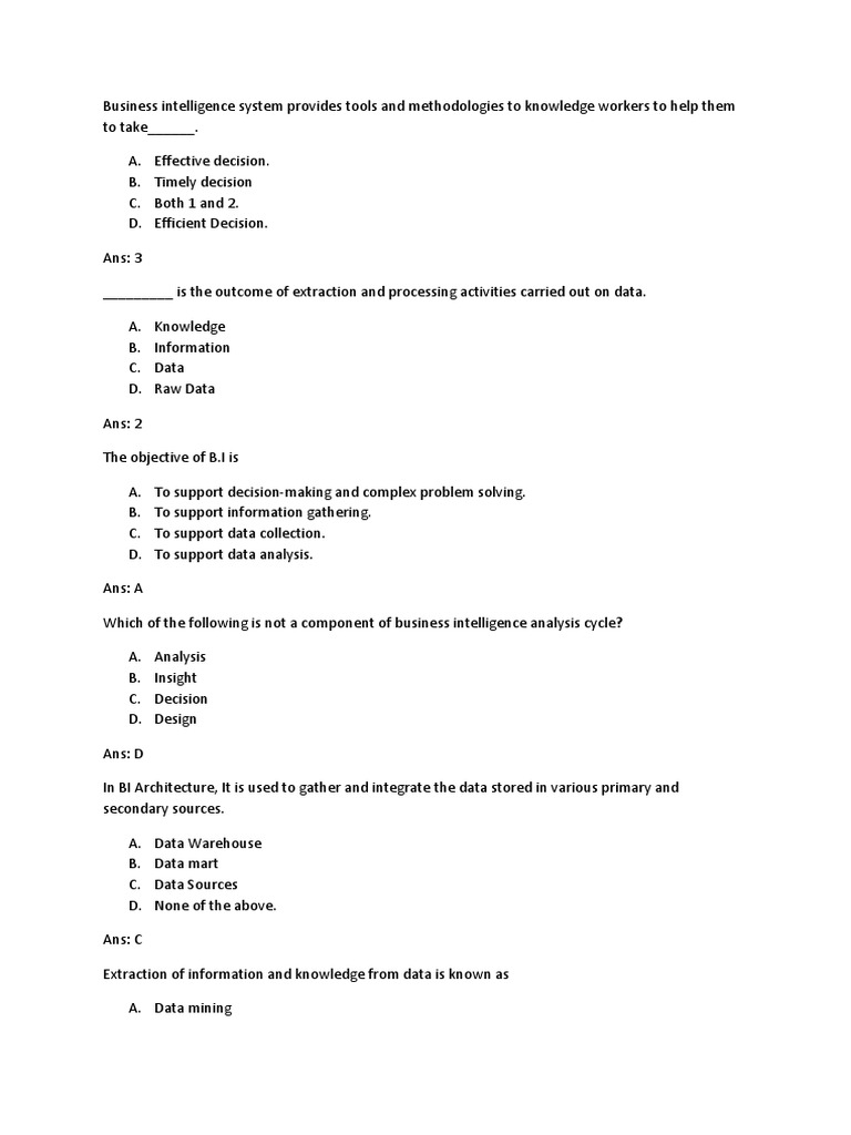 BI MCQs | PDF | Business Intelligence | Decision Support System