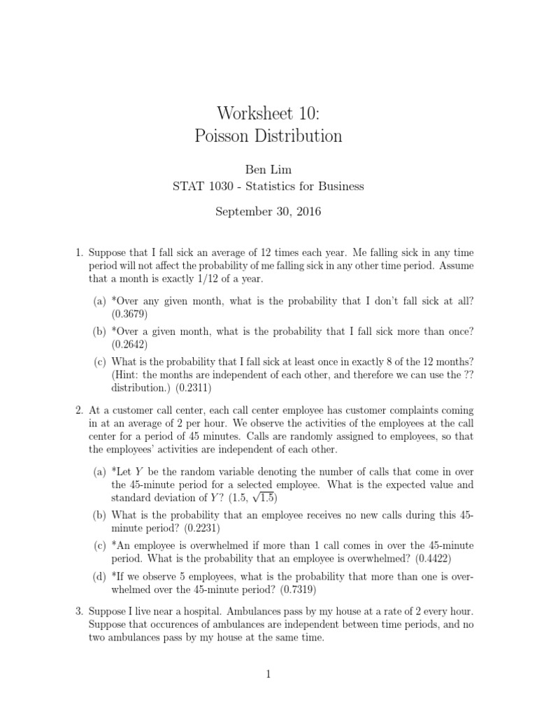Worksheet 10: Poisson Distribution: Ben Lim STAT 1030 - Statistics For ...