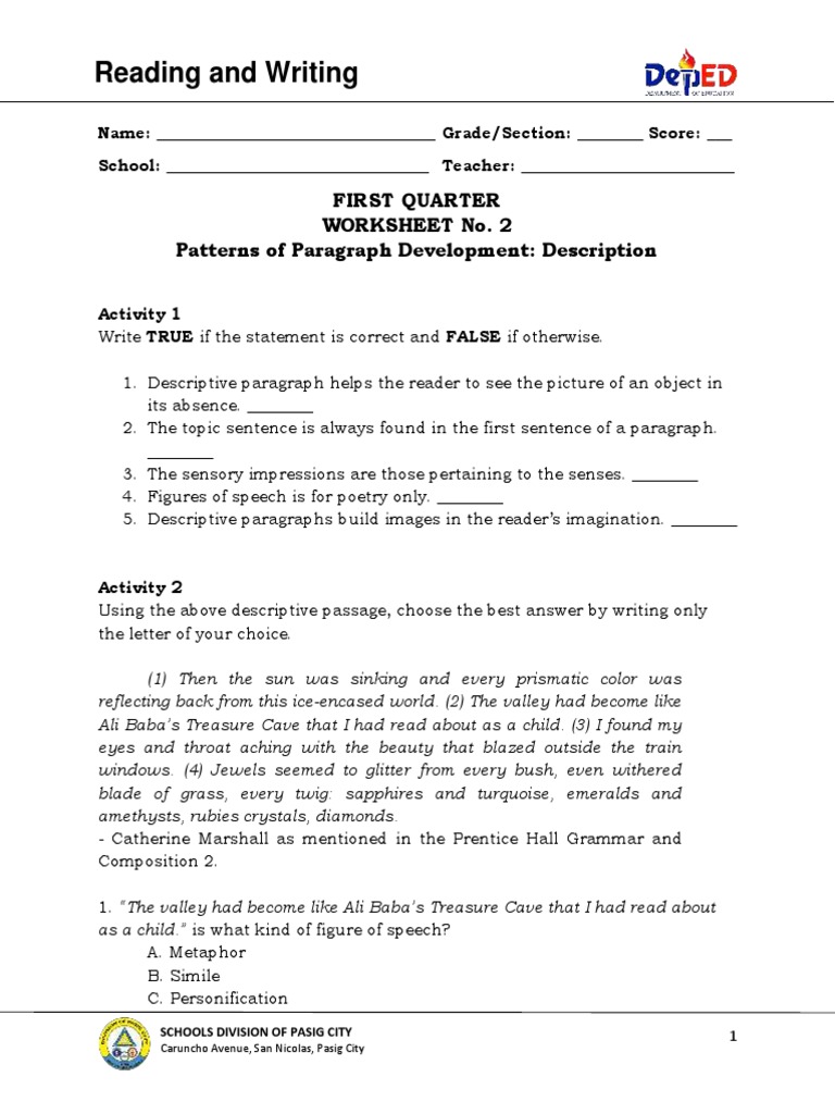 Reading and Writing: First Quarter Worksheet No. 2 Patterns of ...