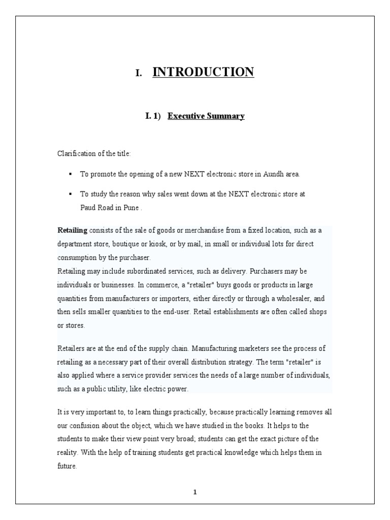 I. 1) Executive Summary: Retailing Consists of The Sale of Goods or ...