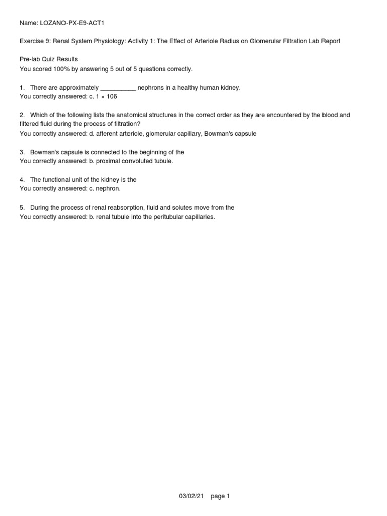 Renal Physiology Lab Report | PDF | Abdomen | Kidney