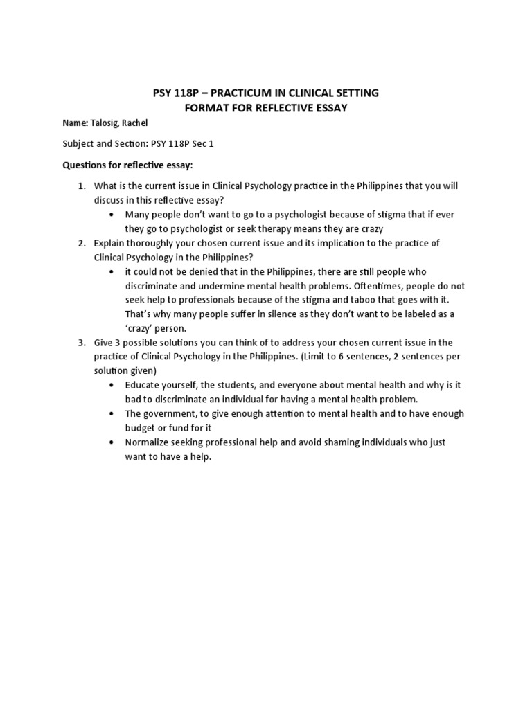 Psy 118P - Practicum in Clinical Setting Format For Reflective Essay ...