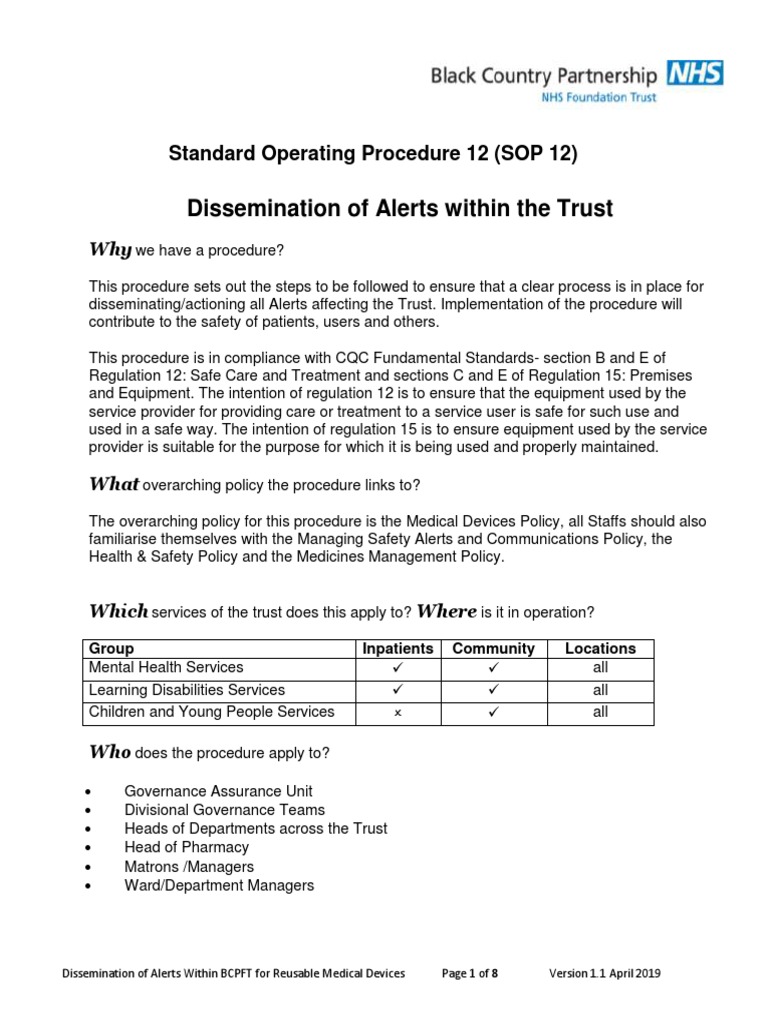 Medical Devices - SOP 12 - Dissemination of Alerts Within The Trust For ...