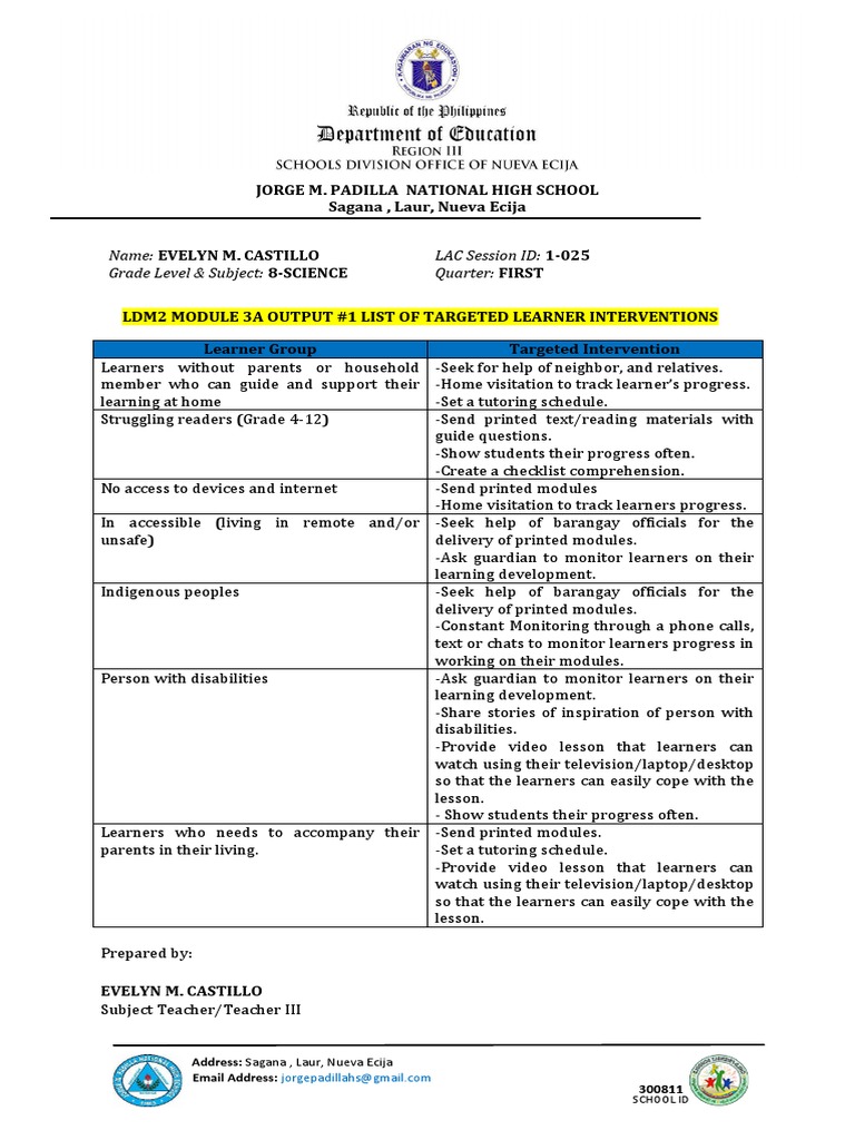 Module 3 Targeted Learner Intervention Evelyn | PDF | Educational ...