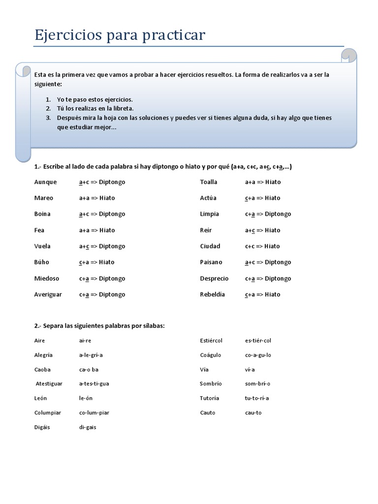 Ejercicios de Diptongos y Hiatos Resueltos | PDF | Lingüística | Fonética