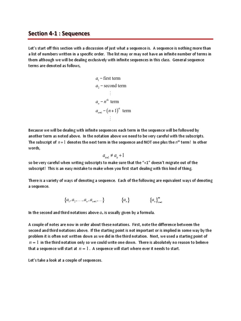 Section 4-1: Sequences: First Term Second Term + | PDF | Limit (Mathematics) | Sequence