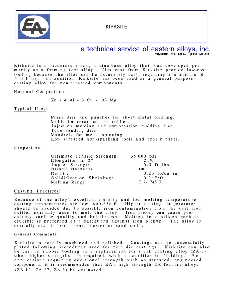 A Technical Service of Eastern Alloys, Inc.: Kirksite | PDF | Casting ...