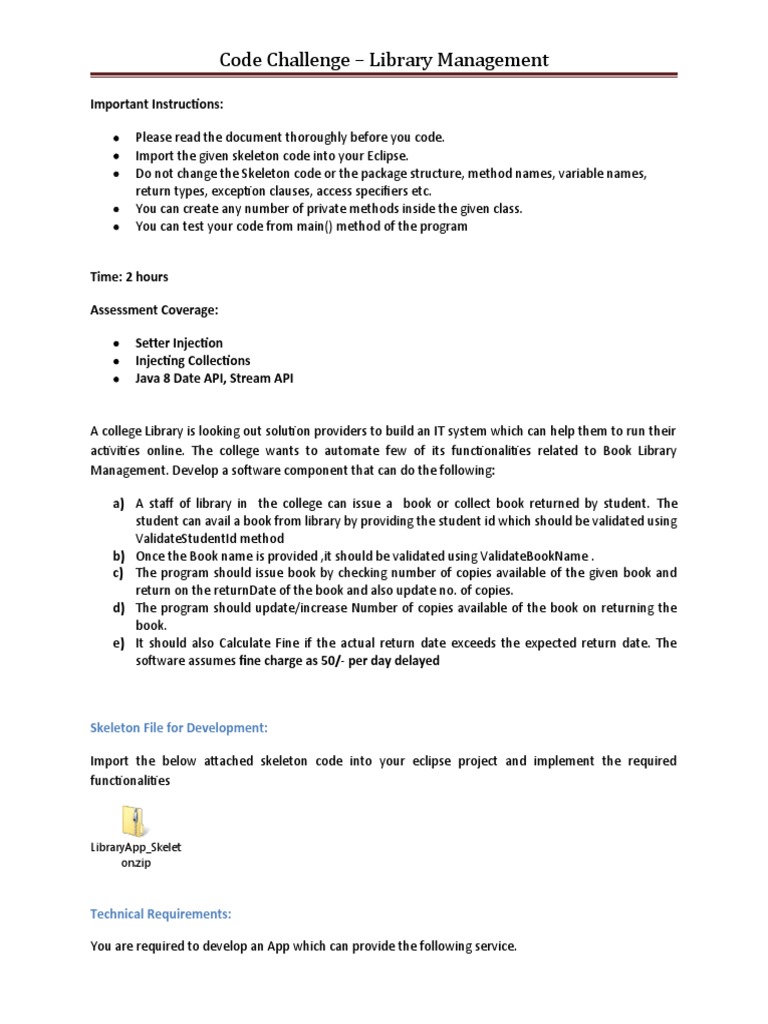 Code Challenge - Library Management: Skeleton File For Development | PDF | Parameter (Computer ...