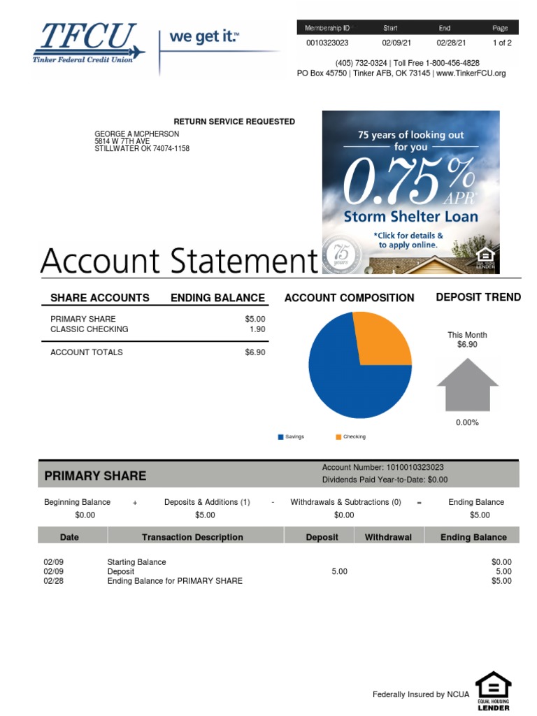 Tinder Credit Union Bank Statement | PDF | Transaction Account ...