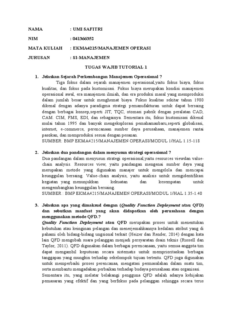 Tugas Tutorial 1 Manajemen Operasi | PDF