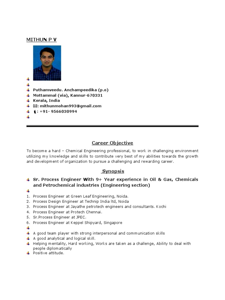 Mithun CV - SR - Process Engr | PDF | Process Engineering | Engineering