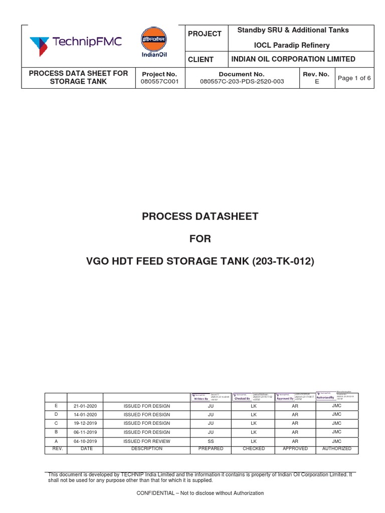 Process Datasheet FOR Vgo HDT Feed Storage Tank (203-Tk-012) | PDF ...