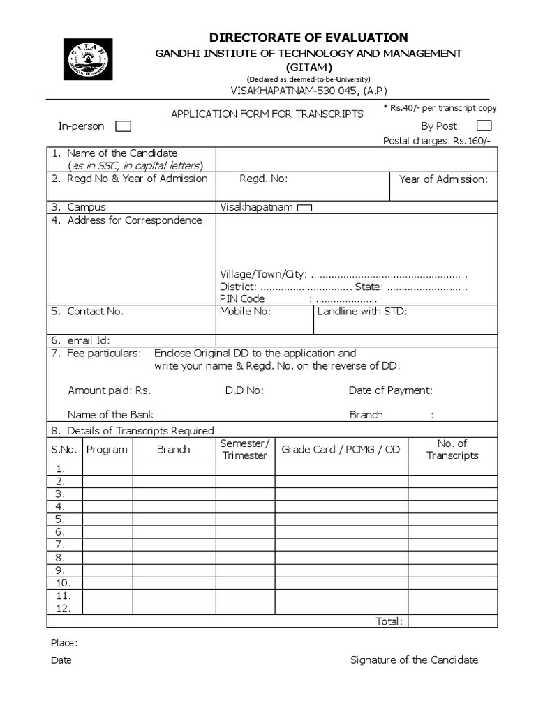 GITAM Transcript Application Form | PDF