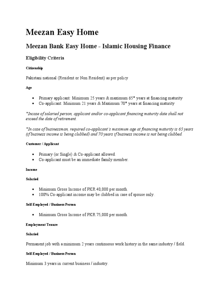 Meezan Bank Easy Home - Islamic Housing Finance | PDF | Valuation ...