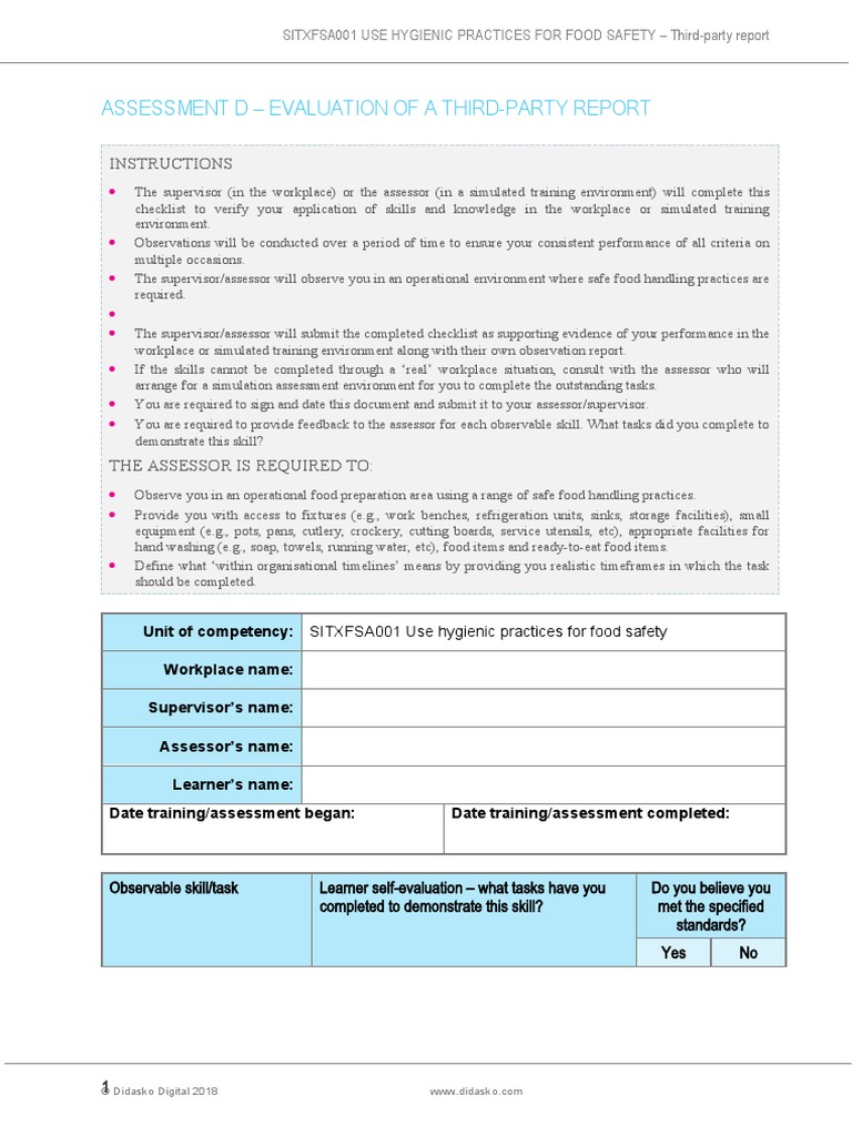 SITXFSA001 - Assessment D - Third-Party Report - V2-1 | PDF | Hygiene ...