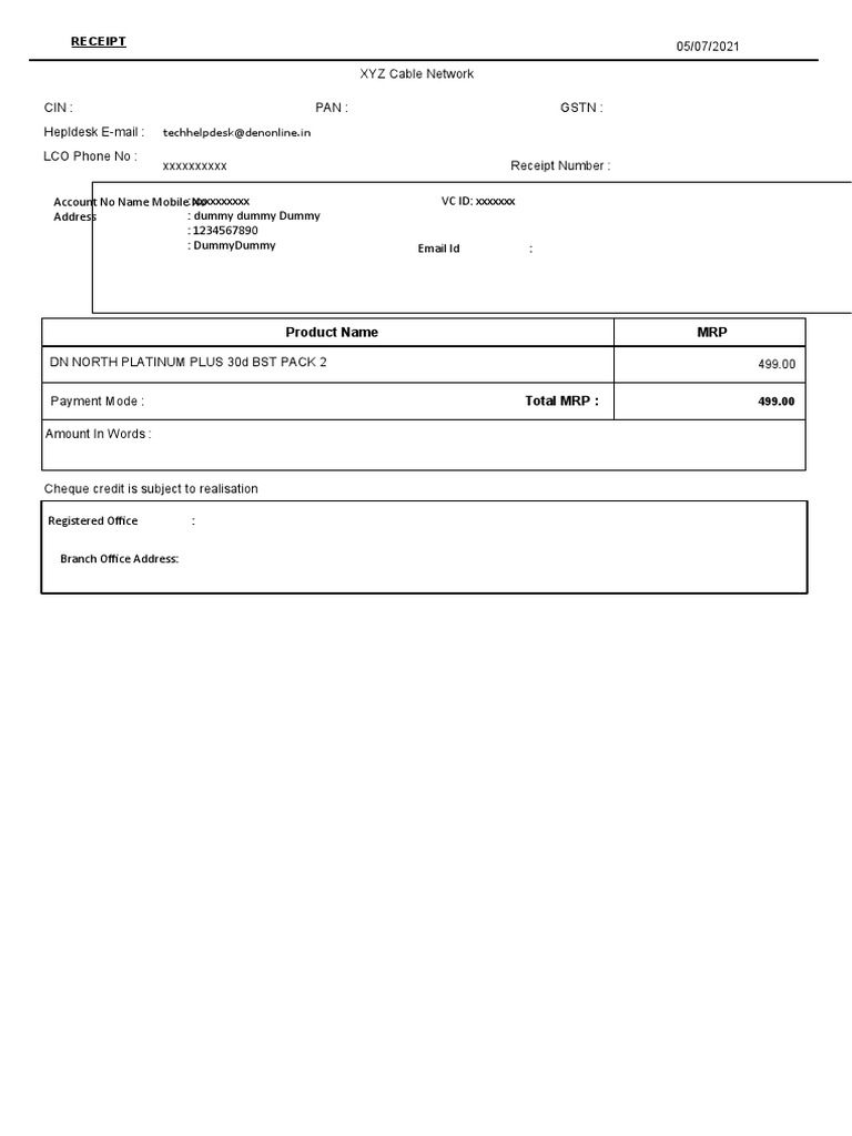 XYZ Cable Network Receipt Details | PDF